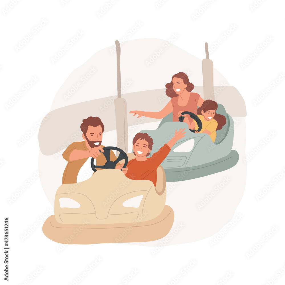 Bumper cars isolated cartoon vector illustration. Parents sit in small ...