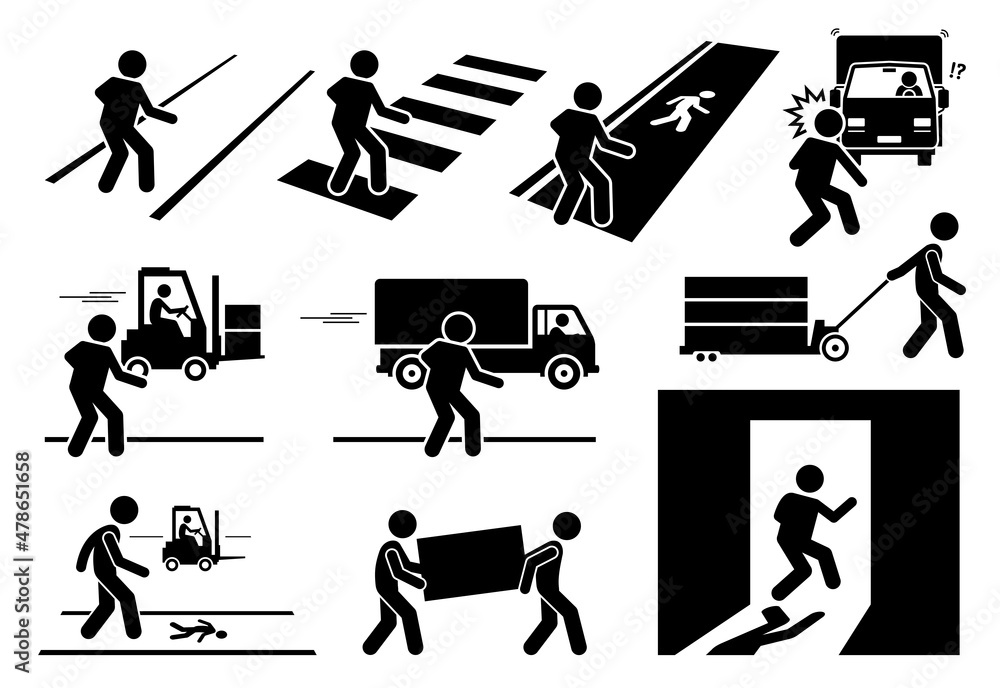 Road safety walkway and heavy vehicle loading bay. Warning sign, danger ...