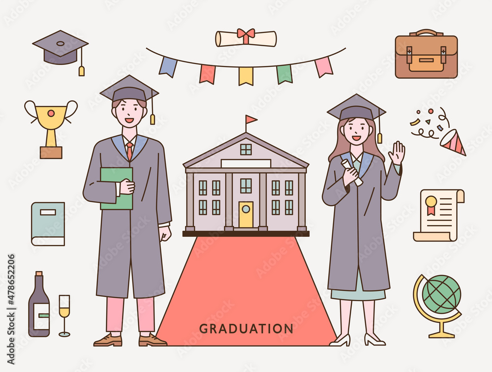 Two graduate characters wearing graduation gowns. There are icons of ...