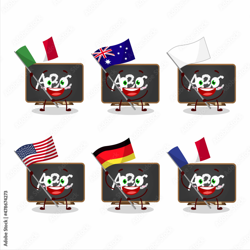 Chalkboard cartoon character bring the flags of various countries Stock ...