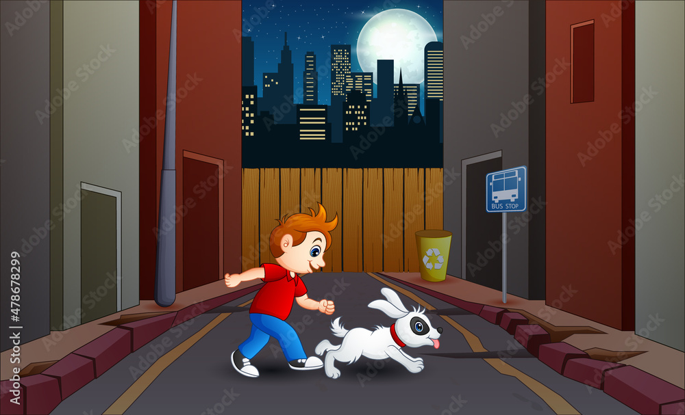 Cartoon a boy walking with his dog at night Stock Vector | Adobe Stock