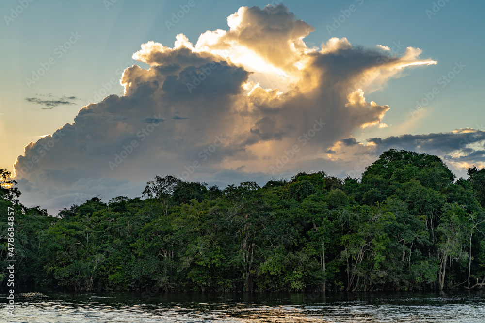 Reflection of a sunset by a lagoon inside the Amazon Rainforest Basin ...