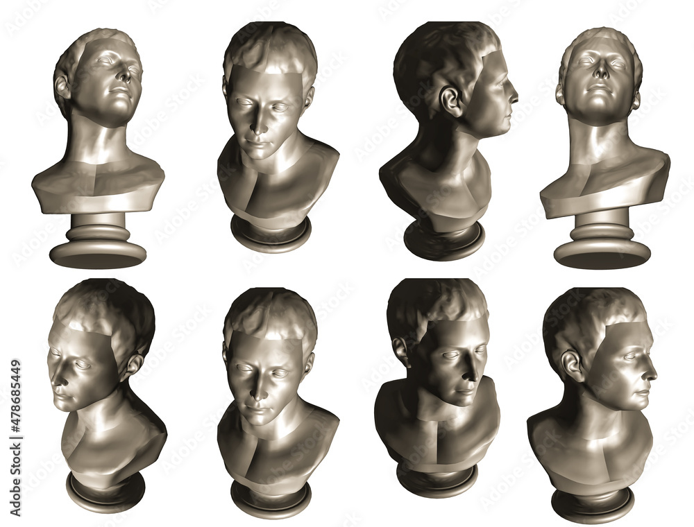 3d model set of human face statue from different angles for vfx, movie ...