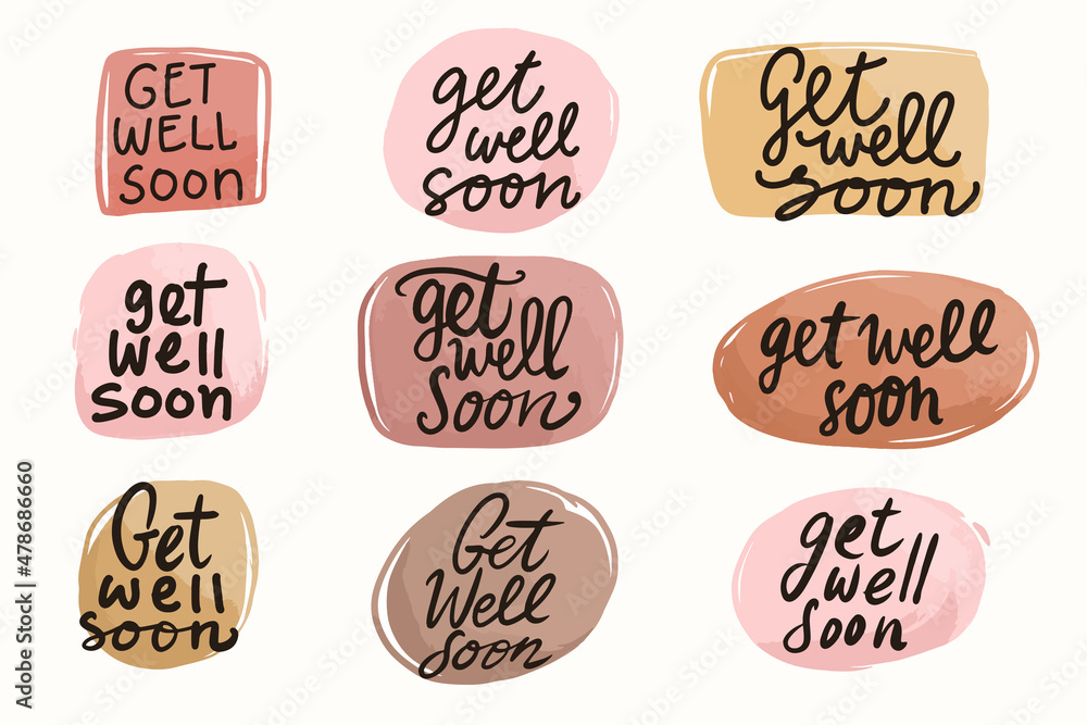 Get well soon hand drawing lettering. Get well soon sticker label in ...