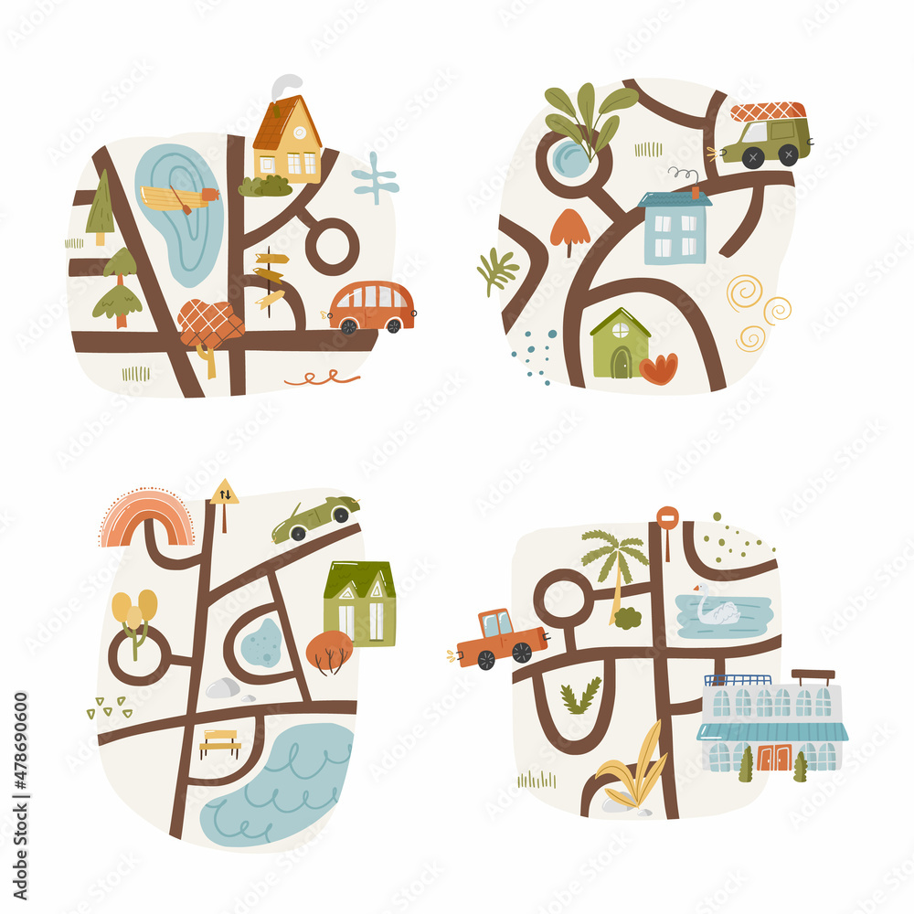 Set of 4 cute landscape doodle map with pond, route and house river ...