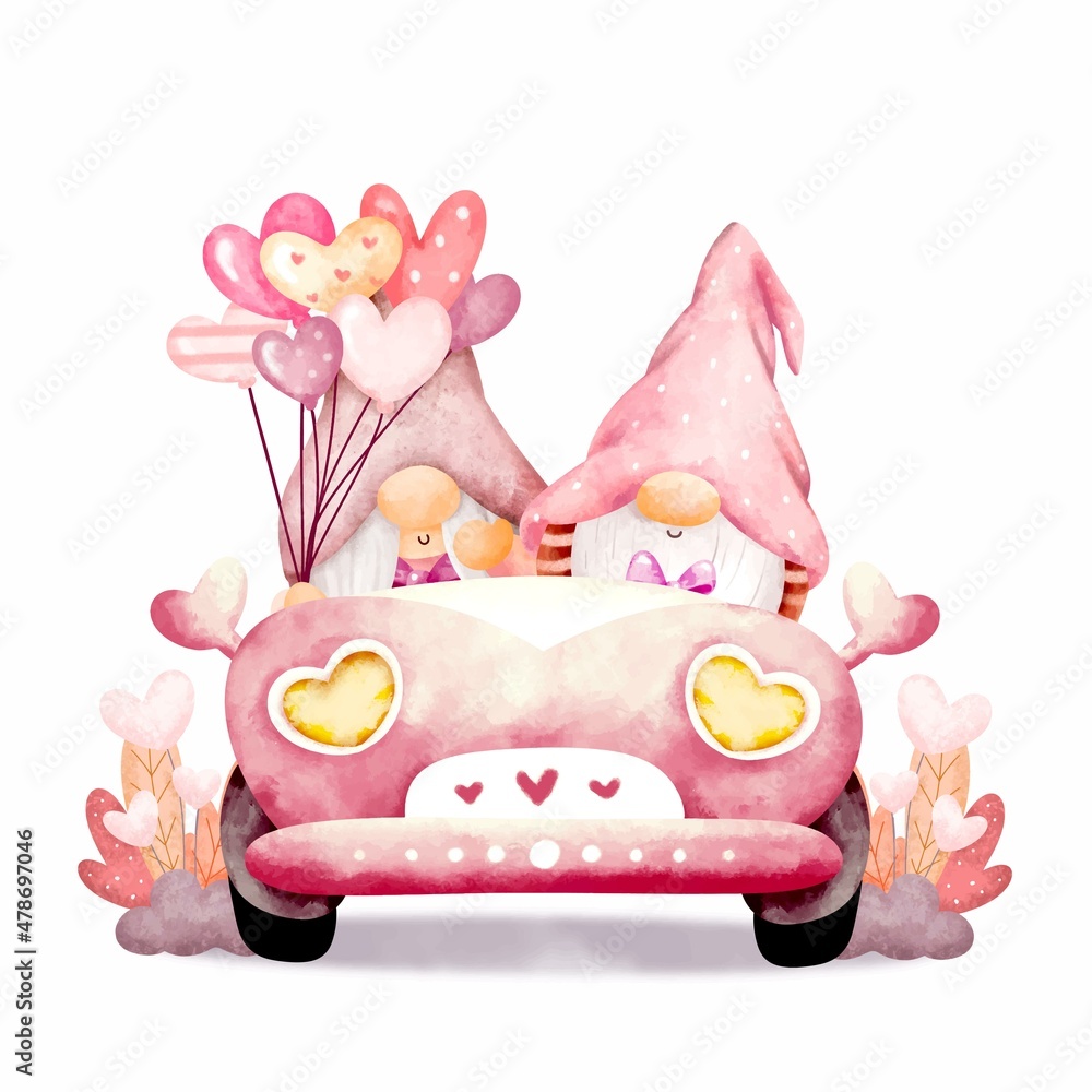 Watercolor cute couple gnome in car with balloon Stock Vector | Adobe Stock