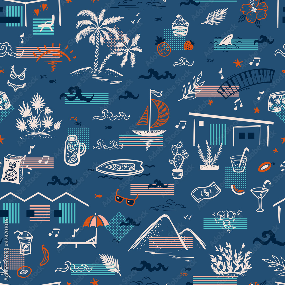 Summer Vacation Theme Vector Blue Seamless Pattern. California ...