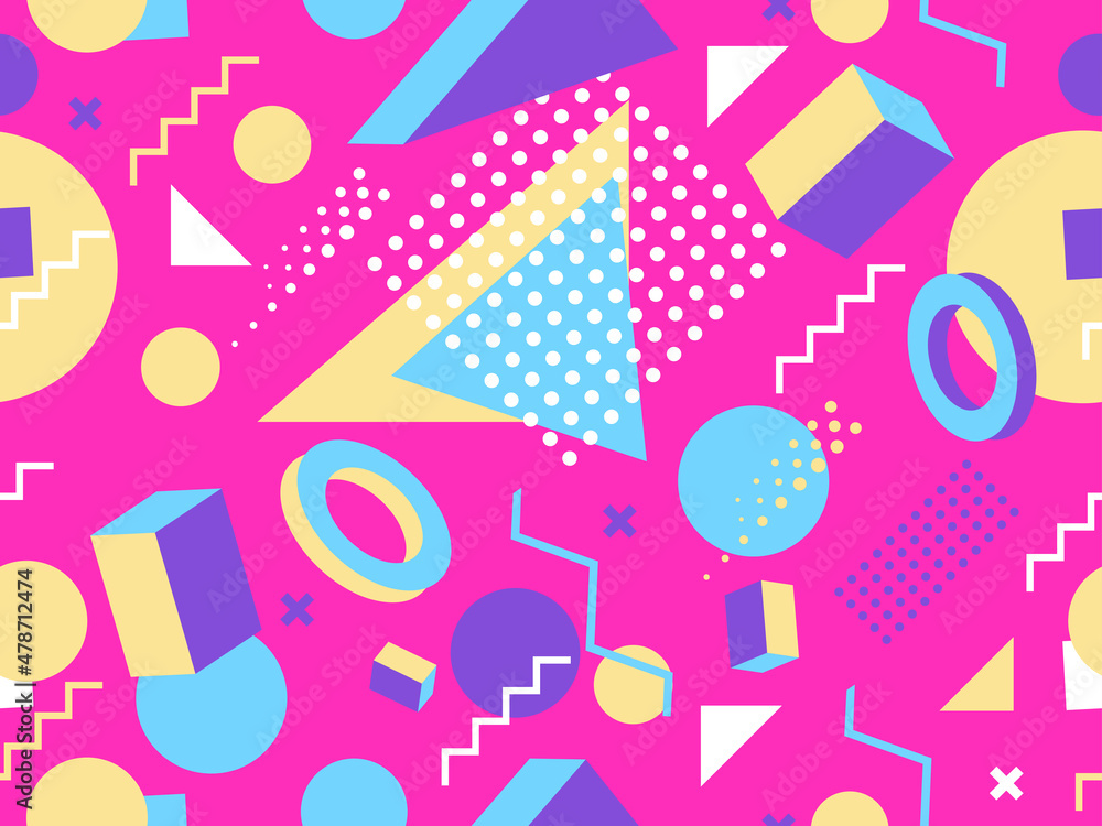 Geometric seamless pattern with 3d shapes in 80s memphis style ...