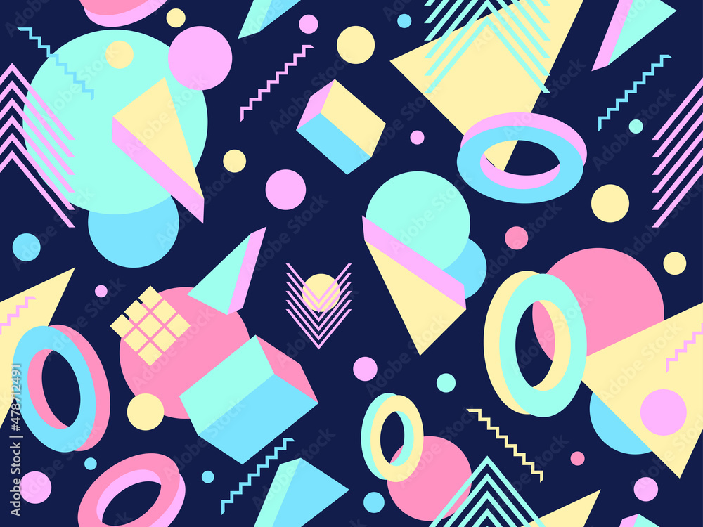 Geometric seamless pattern with 3d shapes in 80s memphis style ...