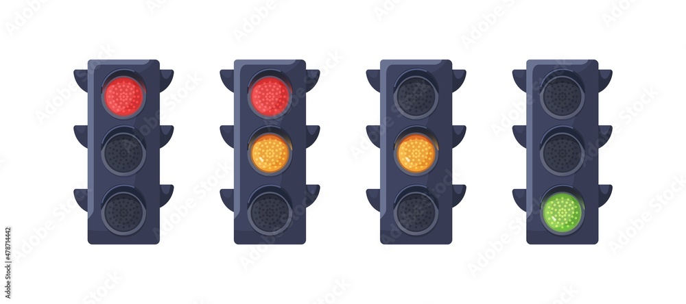 Traffic lights signals set. Semaphore led lamps. Red, green and yellow ...