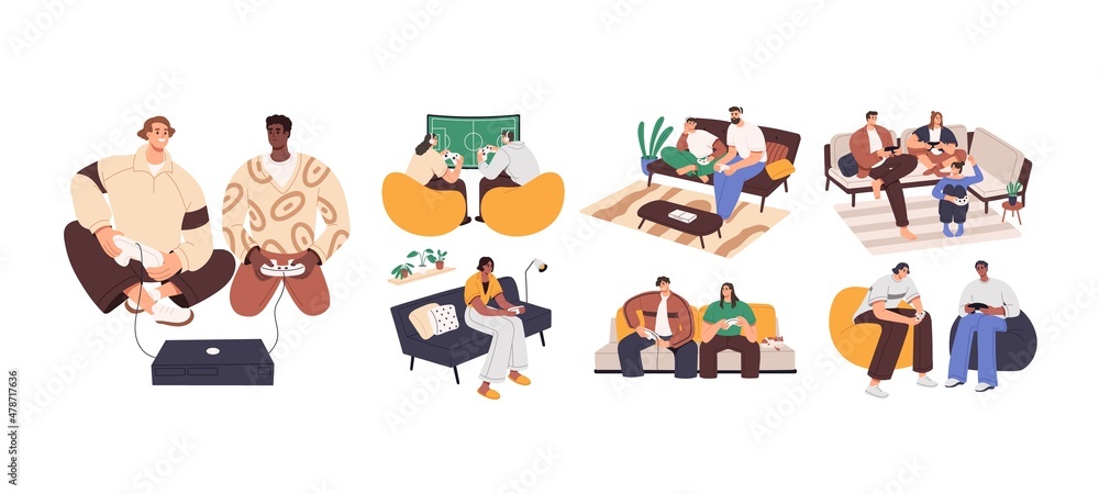 People players with consoles in hands playing video games. Happy adult ...