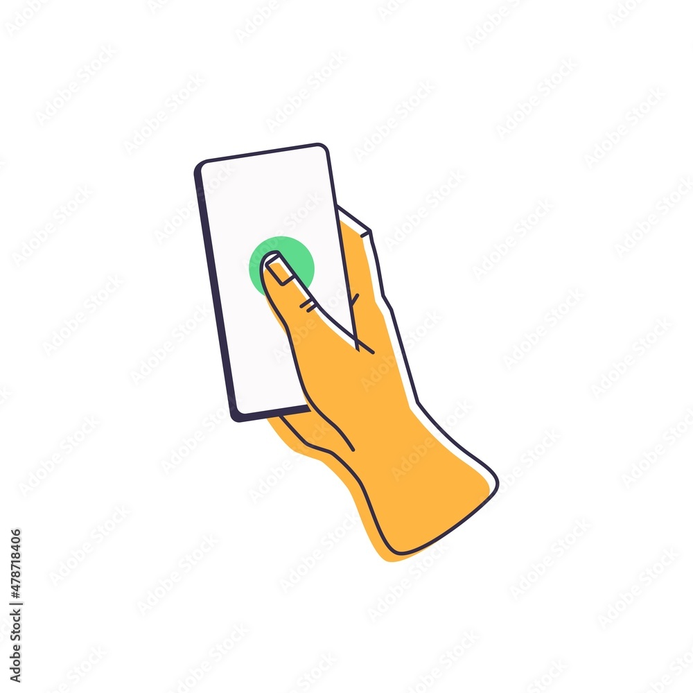 Hand pressing button, clicking on phone screen. Finger tapping ...