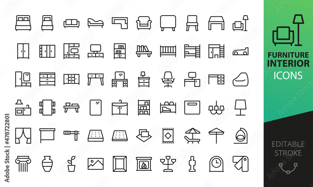 Furniture and Home Decor isolated icons set. Set of bedroom furniture ...