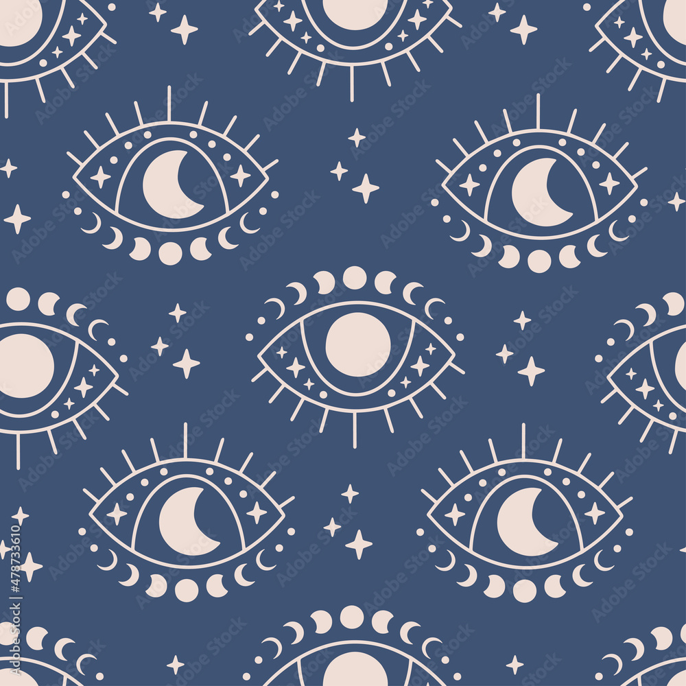 Boho vector seamless pattern. Hand drawn evil eye flat illustration ...