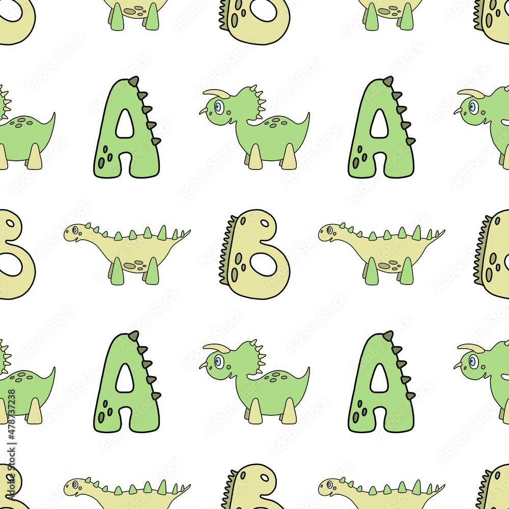 Vector seamless pattern with dinosaurs and letters a, b in light green ...