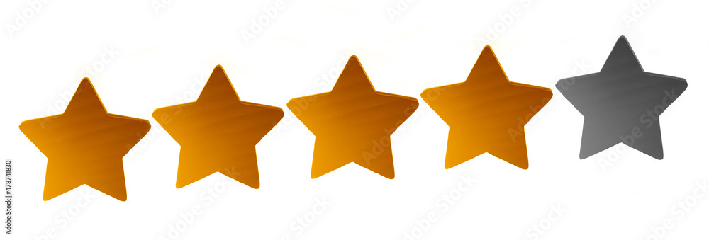 Four gold stars customer icon for product rating review. 4 wooden ...