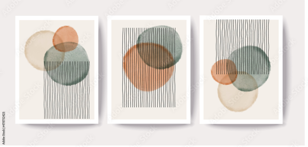 Set of minimalist watercolor texture poster with hand-drawn lines ...