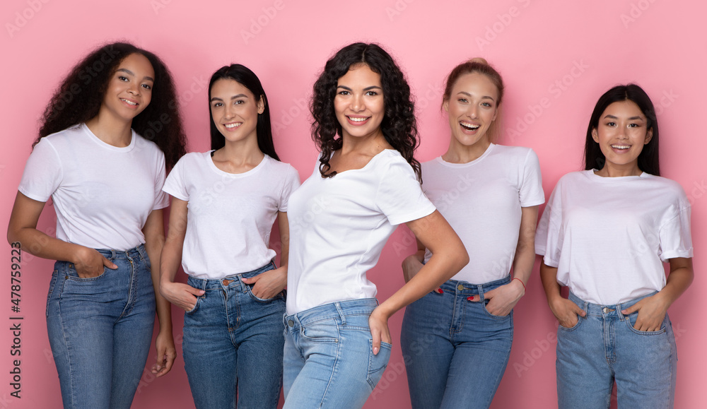 Latin Lady Posing With Multiethnic Group Of Women, Pink Background ...