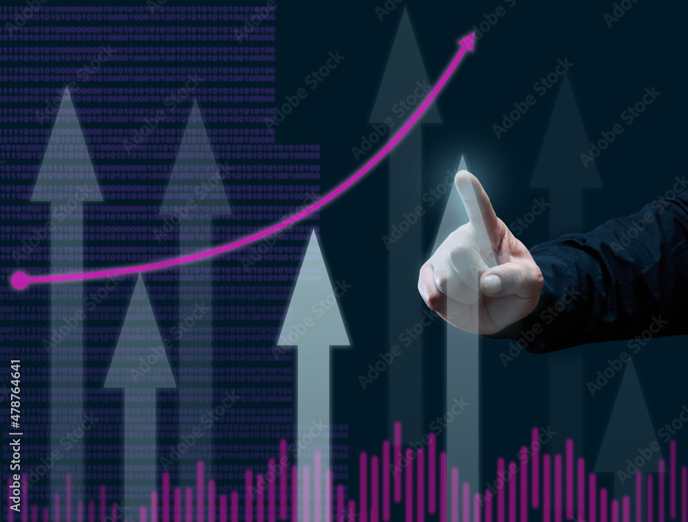 business graph of the dynamics of indicators and a man's hand points a ...