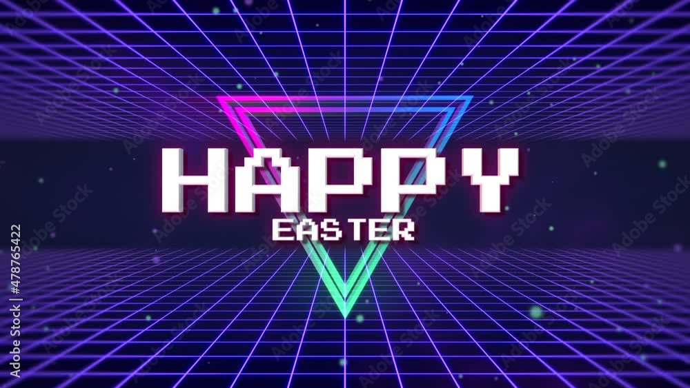 Happy Easter with neon triangle and purple grid in 80s style, motion ...