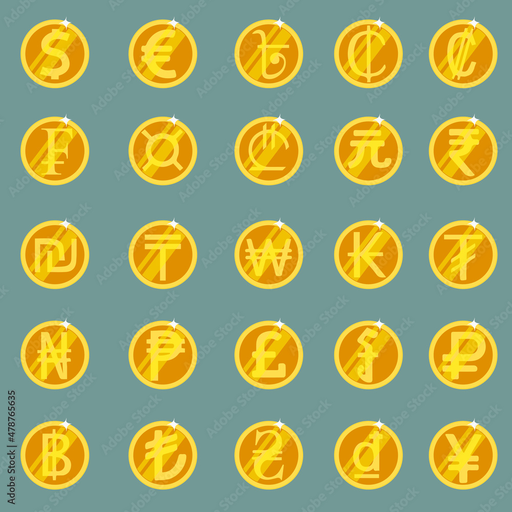 Collection set of gold coins depicting signs of currencies of the ...