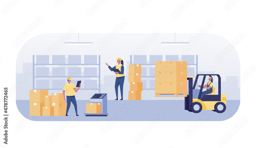 warehouse with boxes and employees managing goods. Inventory stock and ...