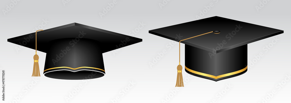 Set of realistic university graduation cap or diploma graduation black ...