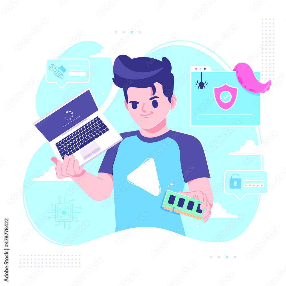 laptop and computer engineer cartoon character illustration Stock ...