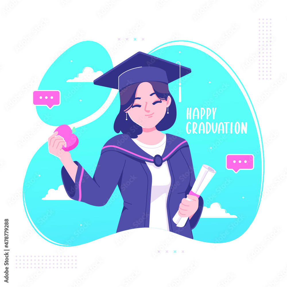 happy graduation cute girl cartoon character illustration Stock Vector ...