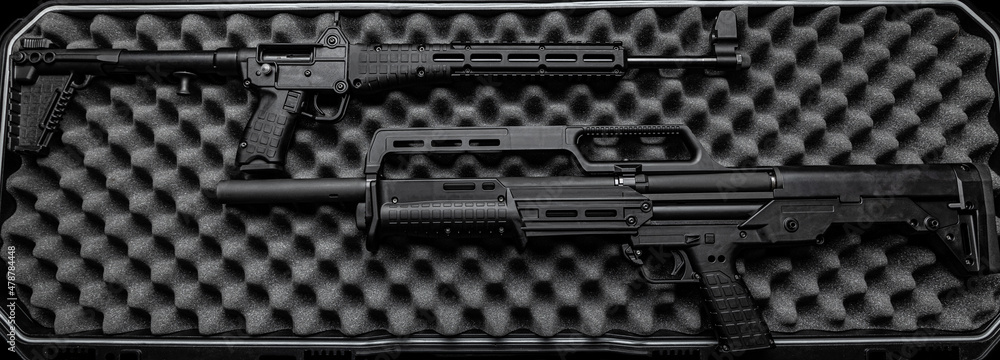 Modern pump action 12 mm smoothbore shotgun and a folding 9 mm rifle on ...