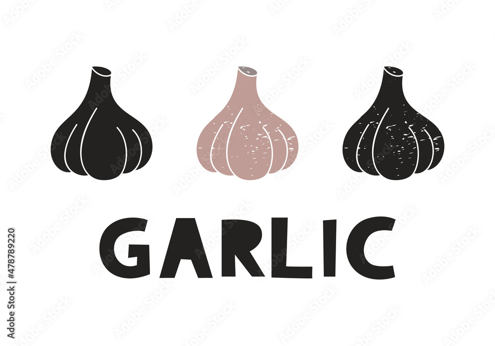 Garlic, silhouette icons set with lettering. Imitation of stamp, print ...