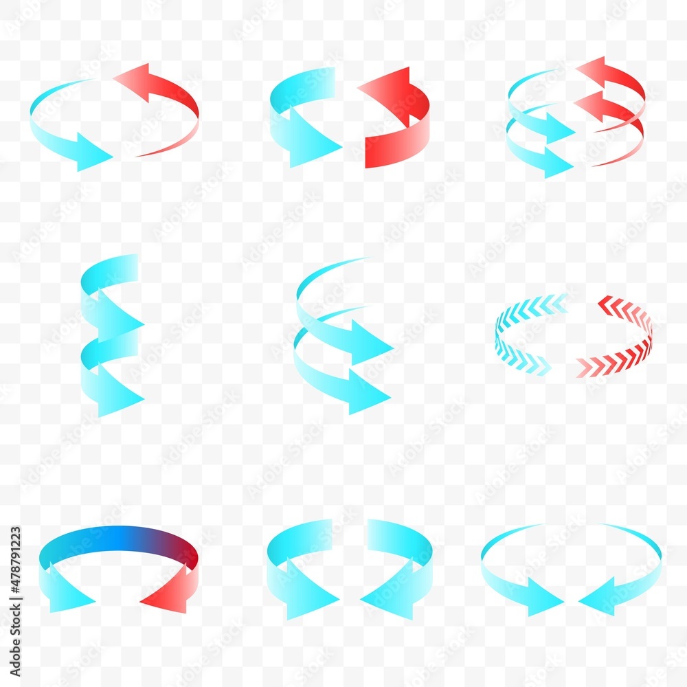 3D rotating red blue arrows showing heat and cold. Set of vector arrow ...