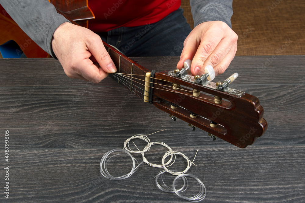 replacement and insertion of nylon strings in a classical guitar ...