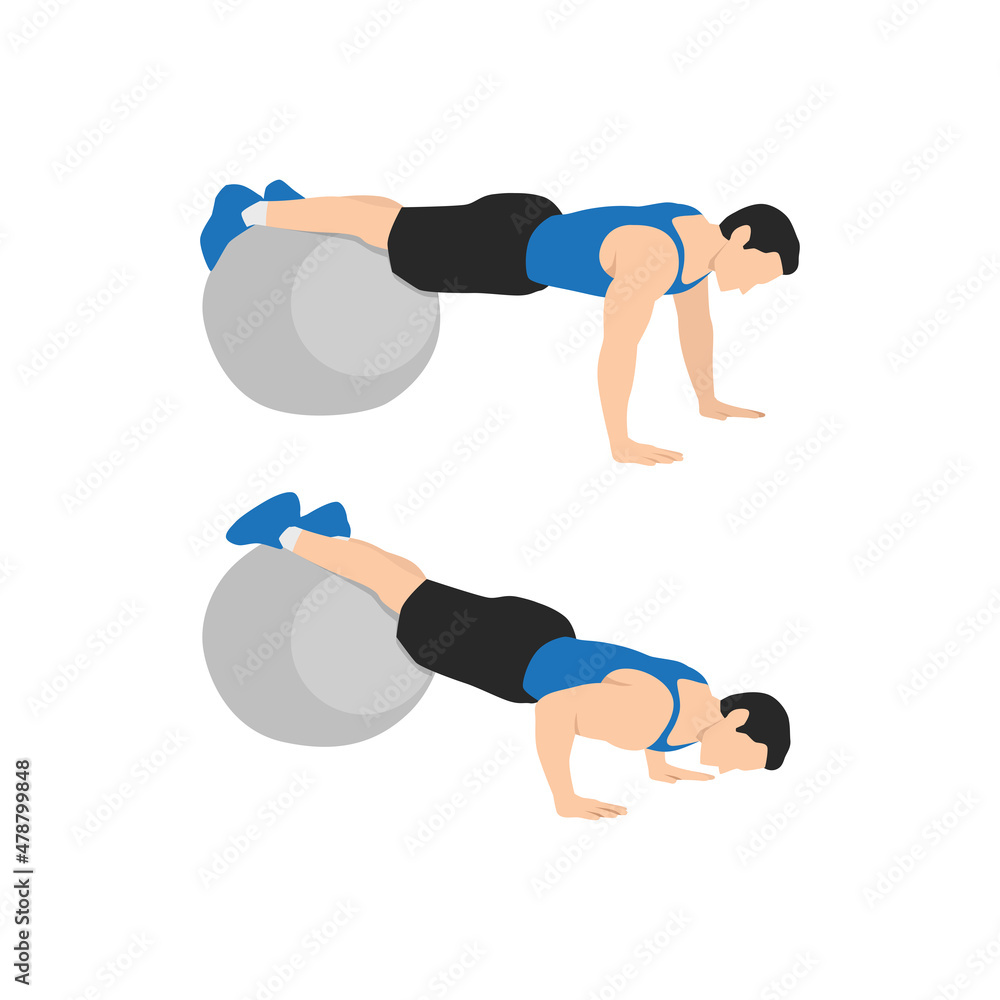 Man doing stability Swiss ball push up exercise. Flat vector ...