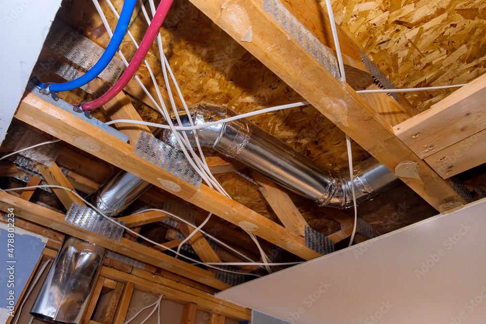 Ventilation pipe system in kitchen interior installation of ducts for ...