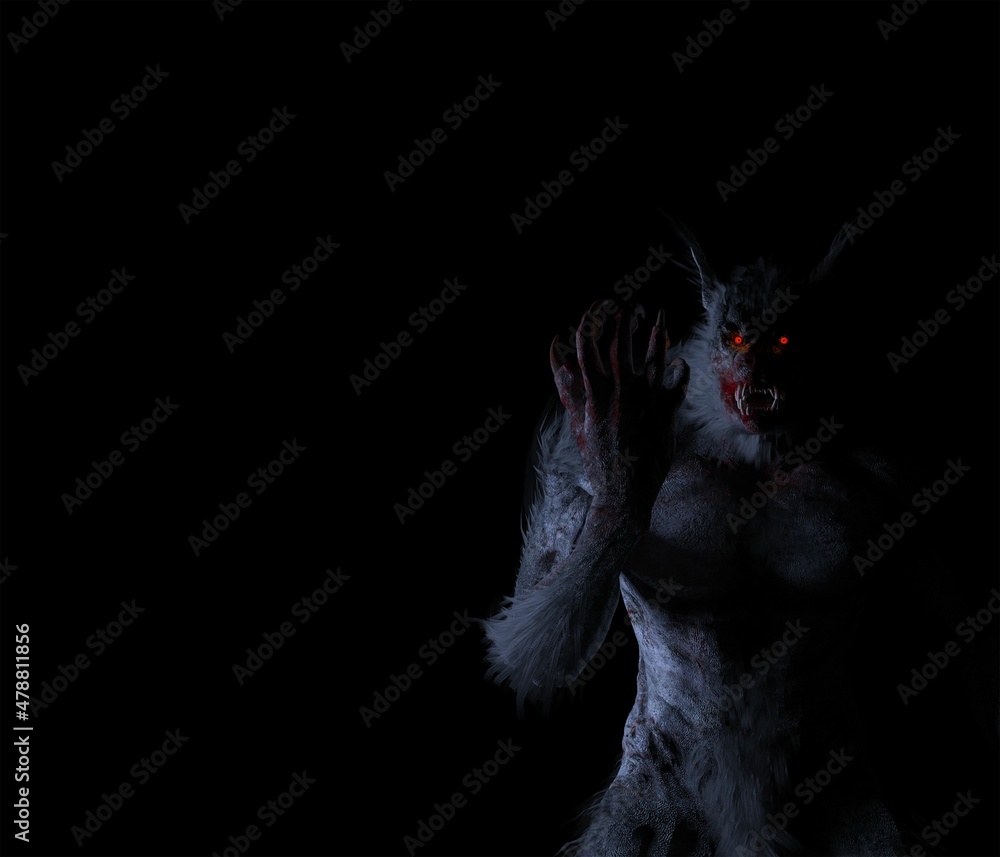 Poster Light furred werewolf dogman cryptid with glowing red eyes ...