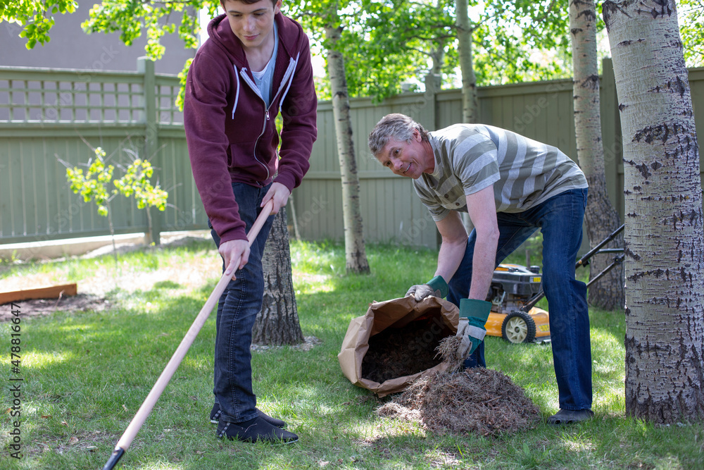 teenage son and father doing yardwork Stock Photo | Adobe Stock