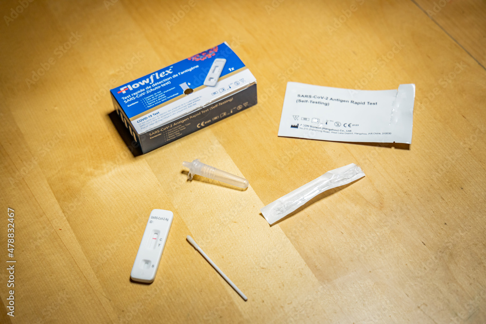 Elements of a Flowflex box, a sars-cov-2 auto test kit used to detect ...