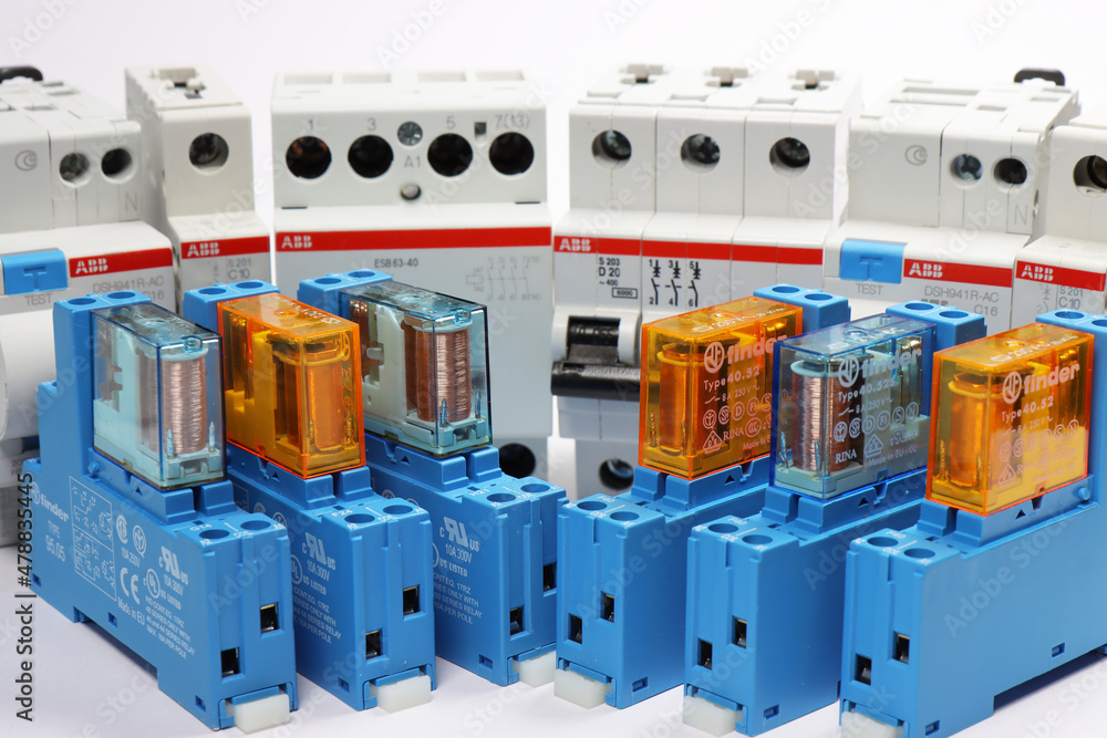 Electromagnetic FINDER relays with a base and an electromagnetic ...