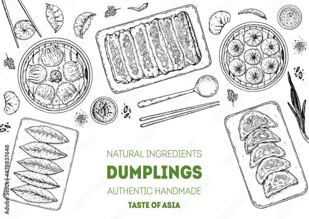 Dumplings top view frame. Food menu design template. Hand drawn vector ...