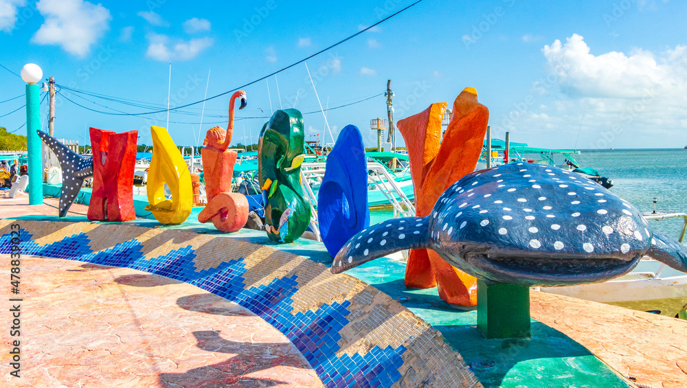 Holbox island pier colorful welcome letters and sign in Mexico. Stock ...