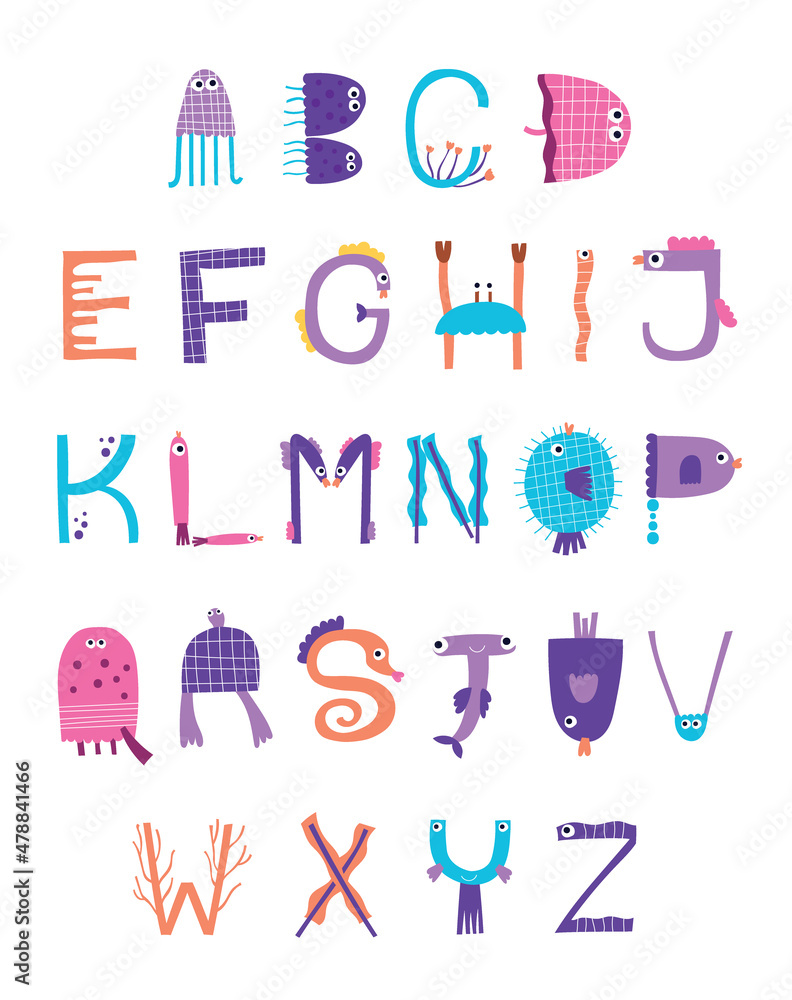 Ocean themed alphabet letters. ABC poster. Vector illustration. Stock ...