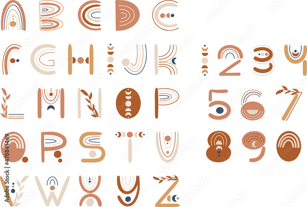 Boho themed alphabet and numbers. Set of letters. Vector illustration ...