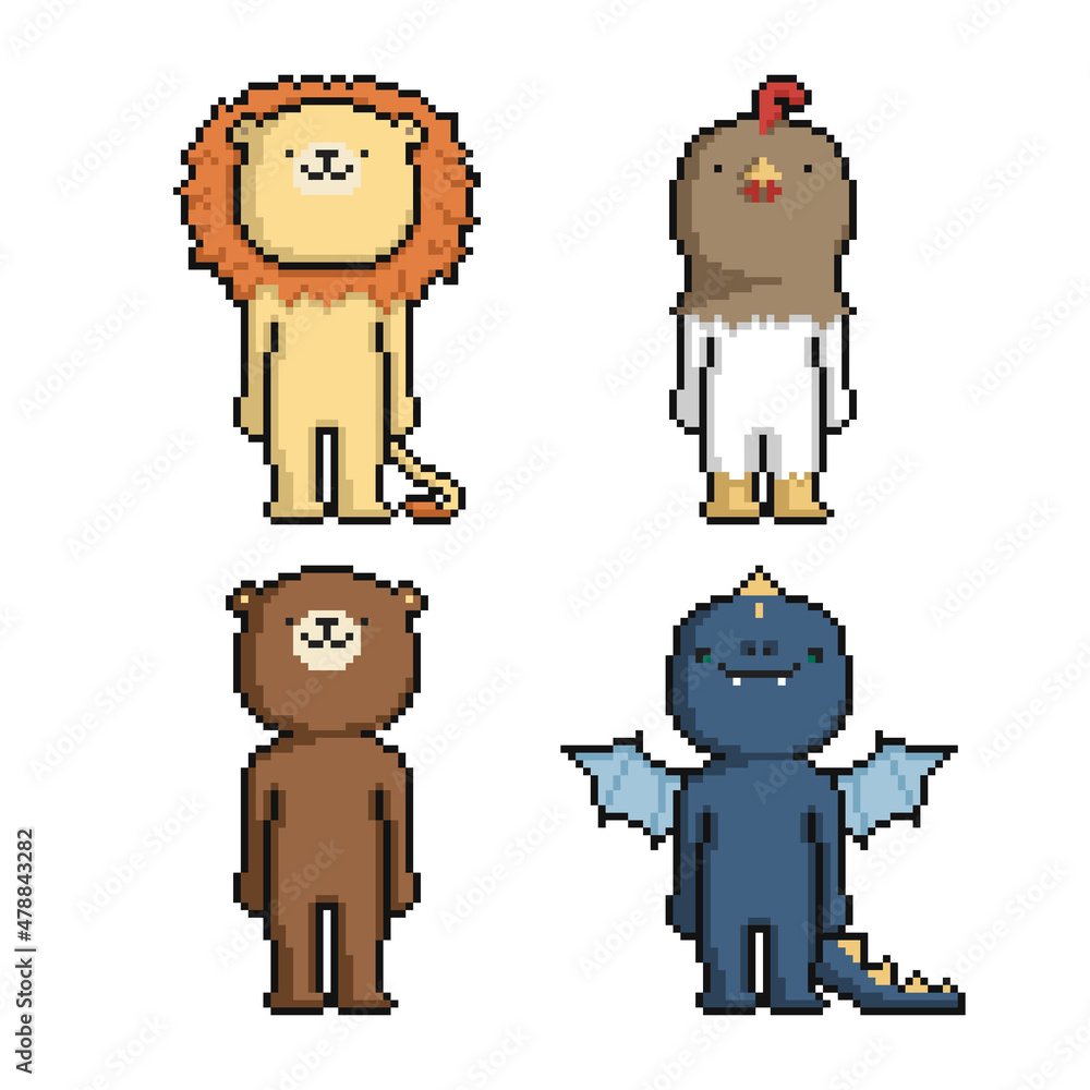 Pixel art set of cartoon funny animals on a white background Stock ...