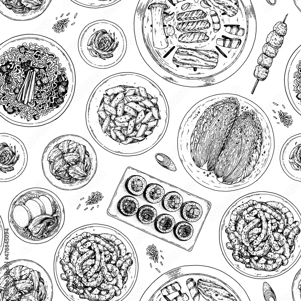 Korean food seamless pattern. Ramen, noodles, kimchi, bbq. Korean food ...
