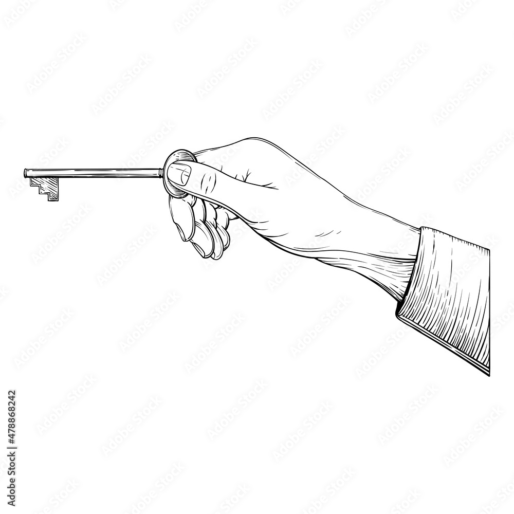 Male Hand holding ancient key. Vintage stylized drawing. Vector hand ...