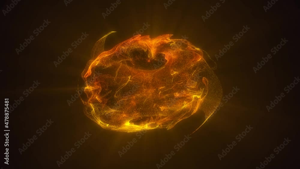 Animation neon orange energy sphere. Movement microparticles in circle ...