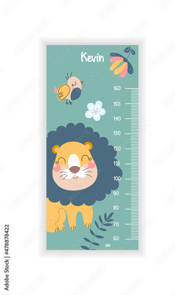 Kids height chart concept. Cute ruler with wild smiling lion, exotic ...