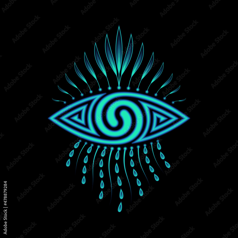 Vector neon psychedelic eye with decor. Two spiral - symbol of duality ...