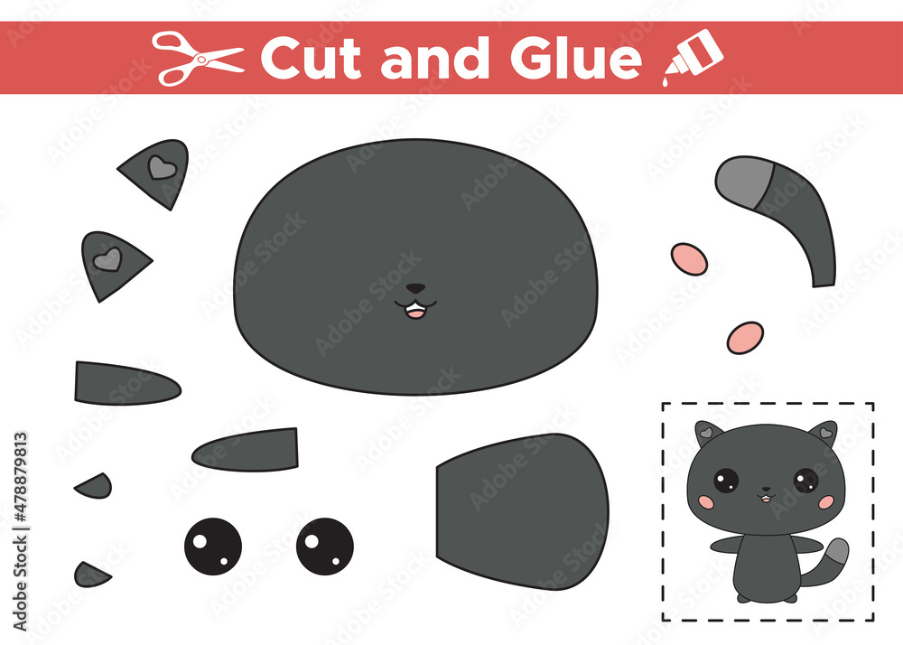 Cut and glue cat. Educational paper game for children. Cutout and ...